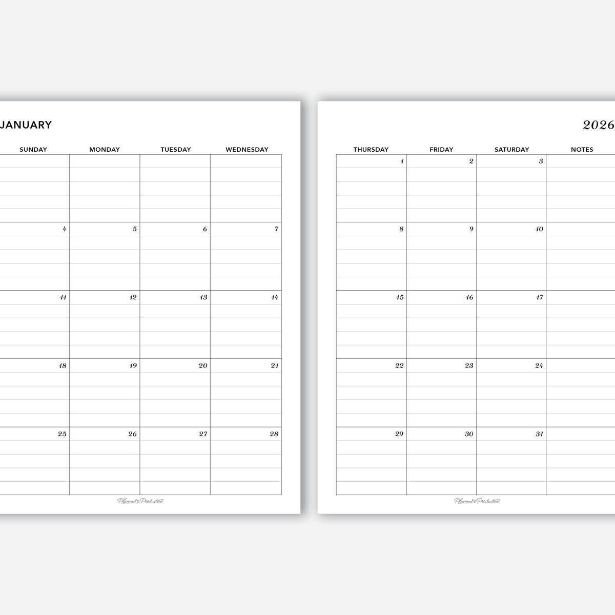 2026 Two Page Lined Monthly Calendar - Separated Layout – Planned and ...